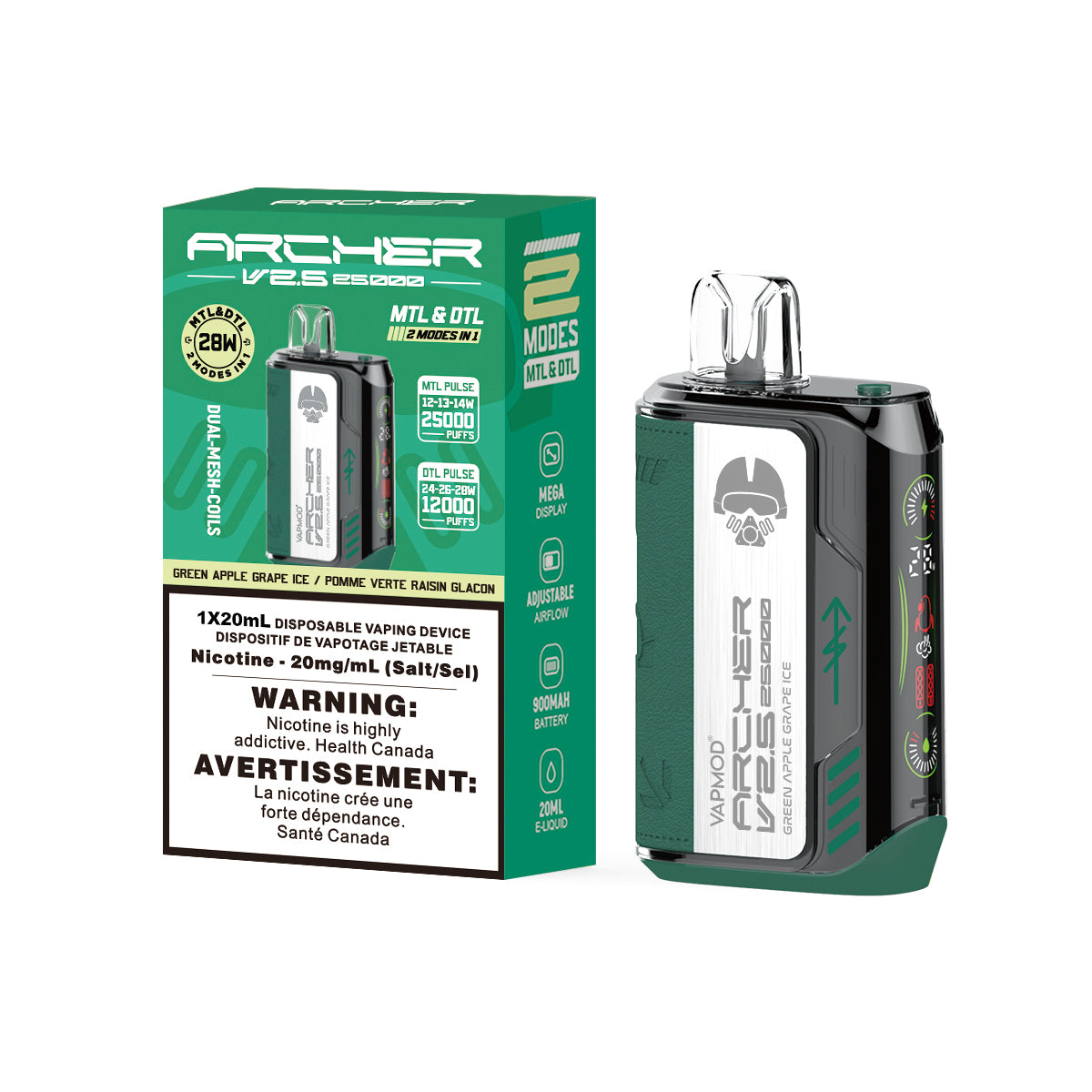 VAPMOD ARCHER Vape 25K Disposable V2.5 - Green Apple Grape Ice ...